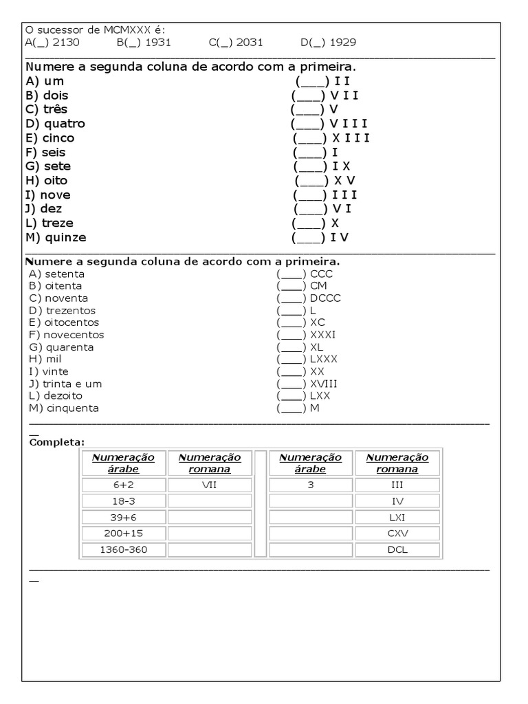 Atividades de Números Romanos 2º e 3º Ano | PDF | Ensino de Matemática ...