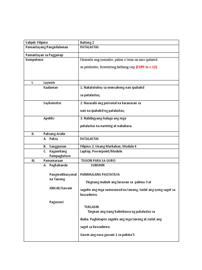 lesson-plan-FILIPINO-grade 2-Module 4 | PDF