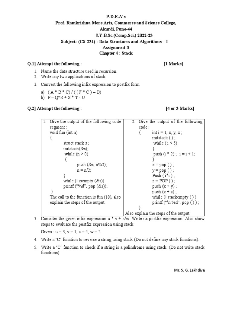 Dsa Chapter 4 Stack Assignment Pdf Subroutine Software Engineering 