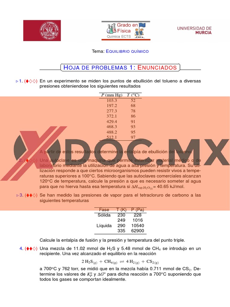 Xdoc - MX Hoja de Problemas 1 Enunciados | Descargar gratis PDF | Equilibrio químico | Entalpía