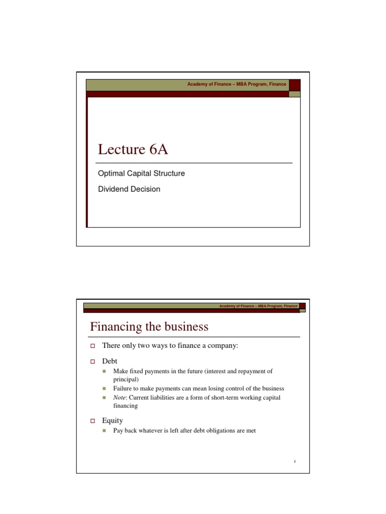 Mba Fin - Lecture 6a | PDF | Dividend | Capital Structure