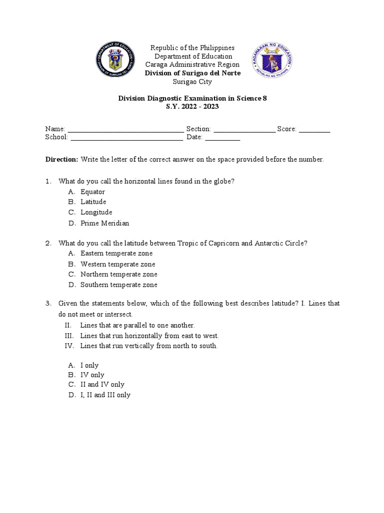 Diagnostic Examination Grade 8 | Download Free PDF | Shadow | Atmosphere Of Earth