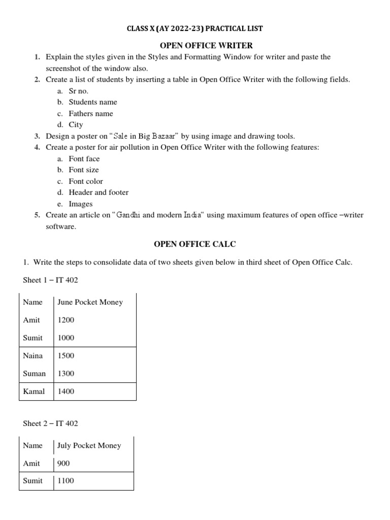 Open Office Writer: Class X (Ay 2022-23) Practical List | PDF | Sql ...