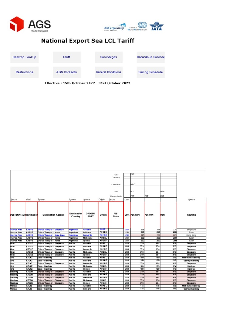 National Export Sea LCL Tariff | PDF