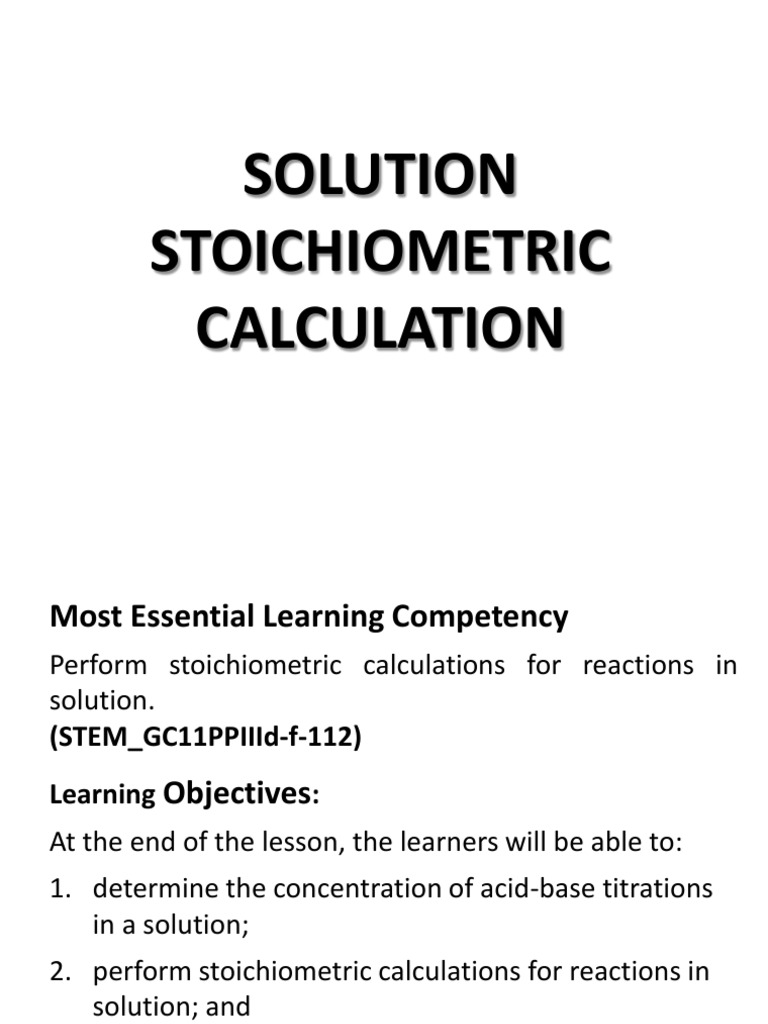 Solution Stoichiometric Calculation | Download Free PDF | Titration | Chemistry