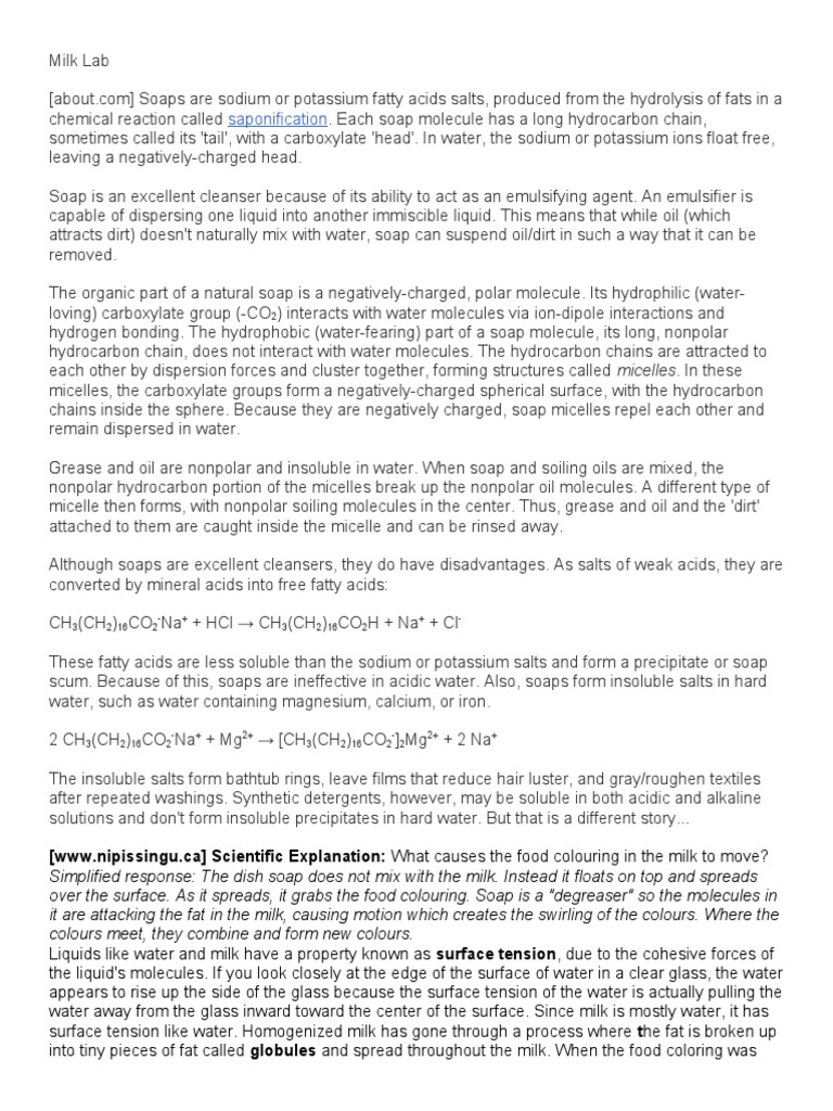 Milk Lab Explanation | PDF | Soap | Salt (Chemistry)