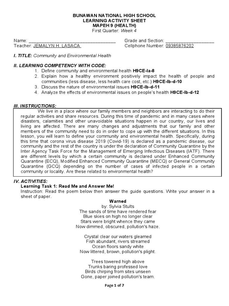 LAS MAPEH 9 Q1 W4 Health | PDF | Natural Environment | Climate Change