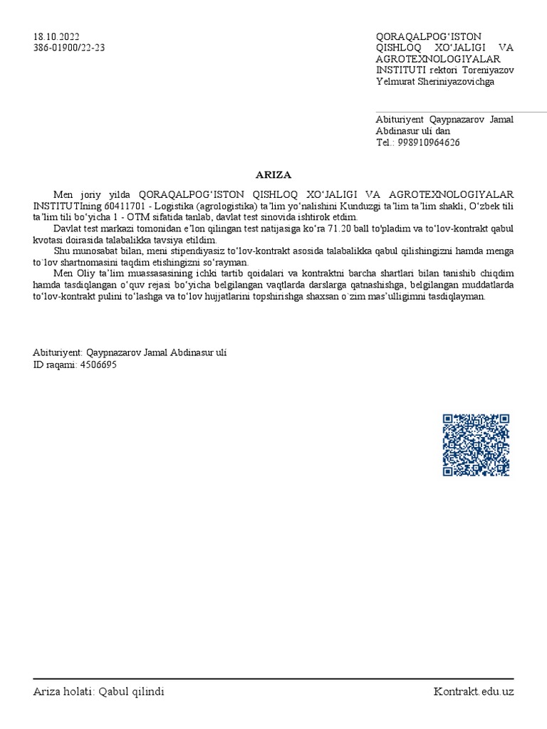 Ariza: Ariza Holati: Qabul Qilindi Kontrakt - Edu.uz | PDF