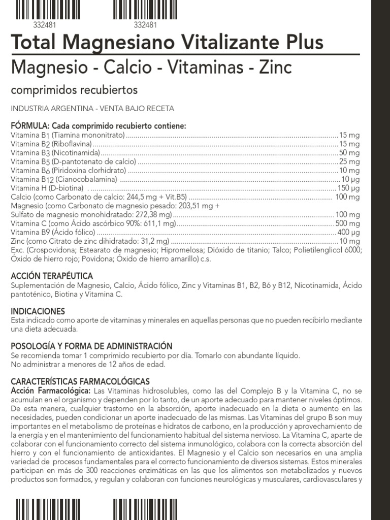 Total Magnesiano Vitalizante Plus: Magnesio - Calcio - Vitaminas - Zinc ...