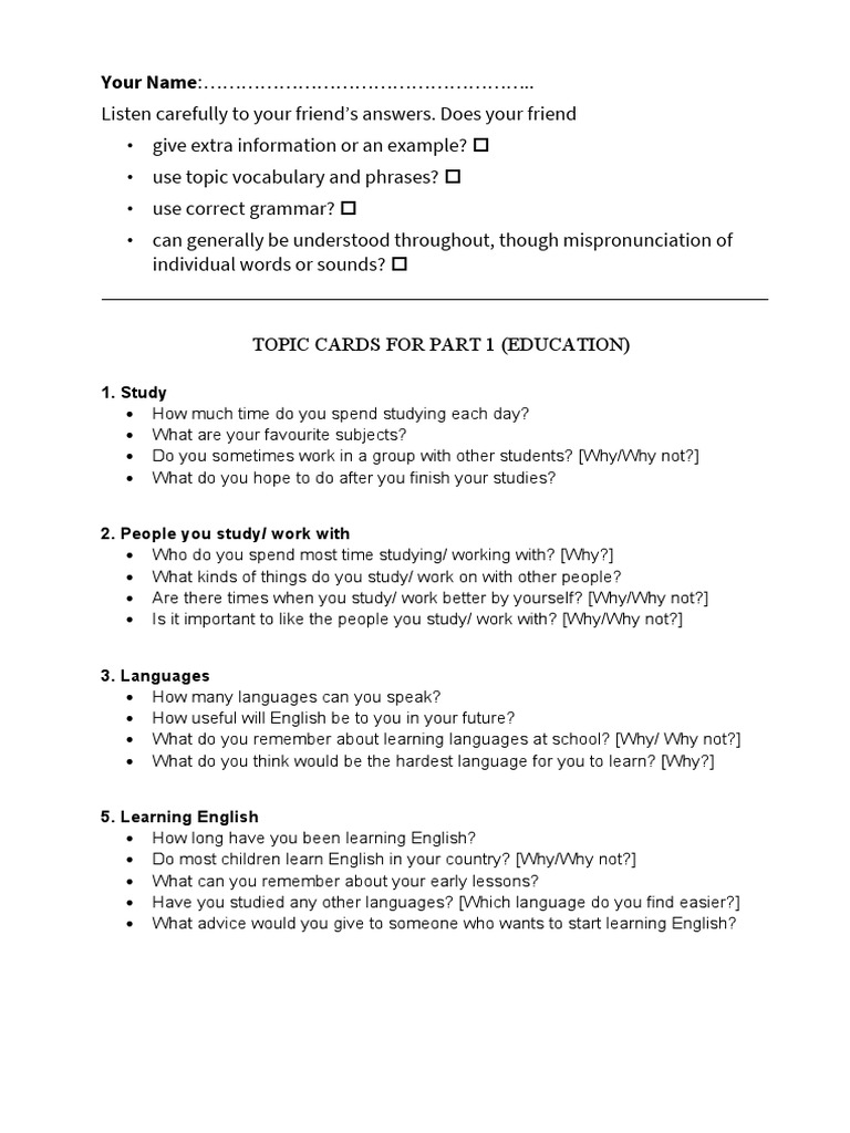 Speaking Cards Part 1 For Pair Practice (Education - 4 Cards) | PDF