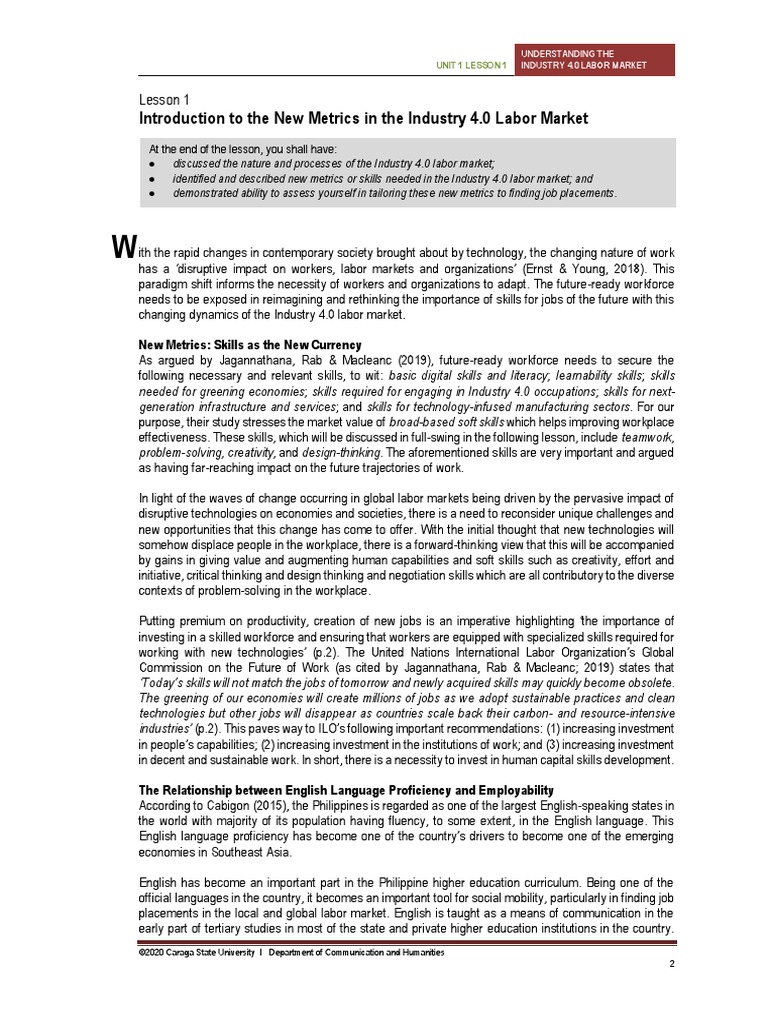 Lesson 1 Introduction To New Metrics of The 4IR Labor Market | PDF ...