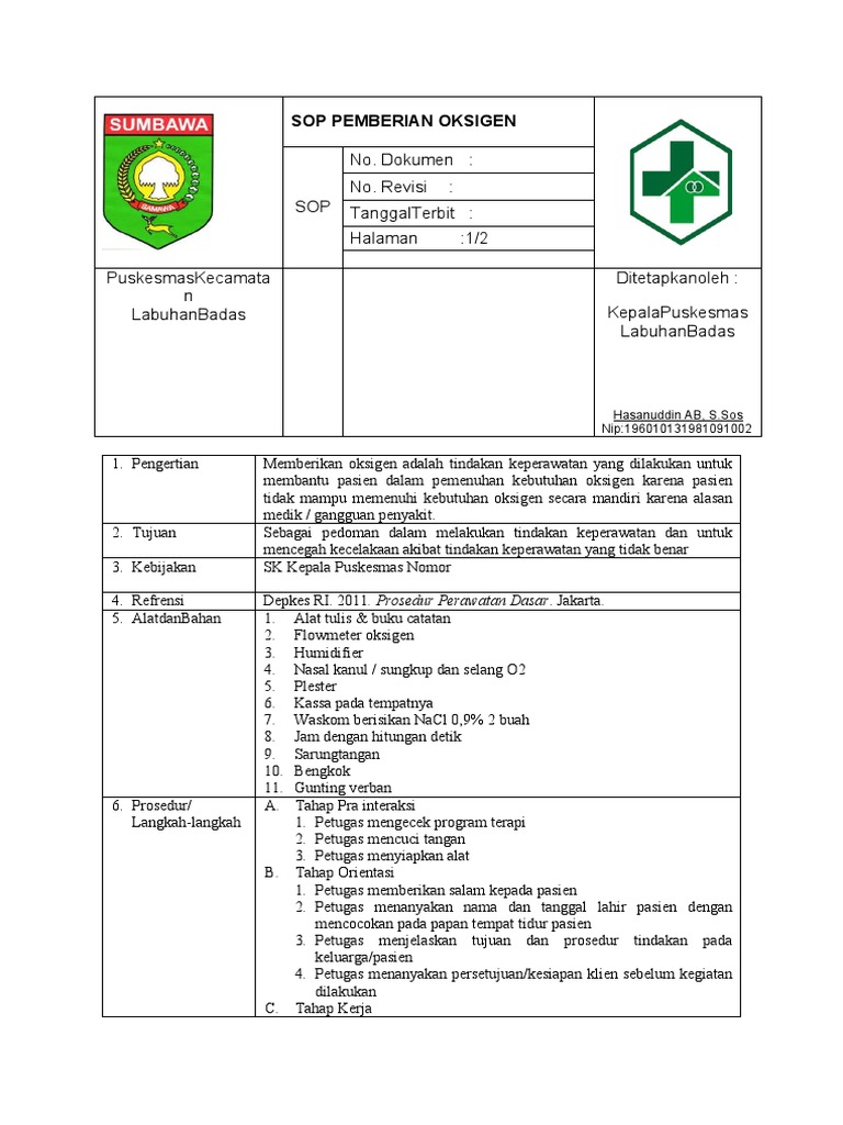 Sop Pemberian Oksigen | PDF
