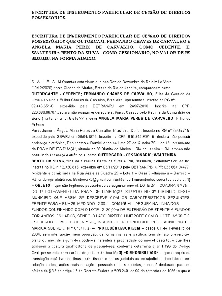 Cessão De Direitos Possessórios De Imóvel Residencial Em Maricá Rj