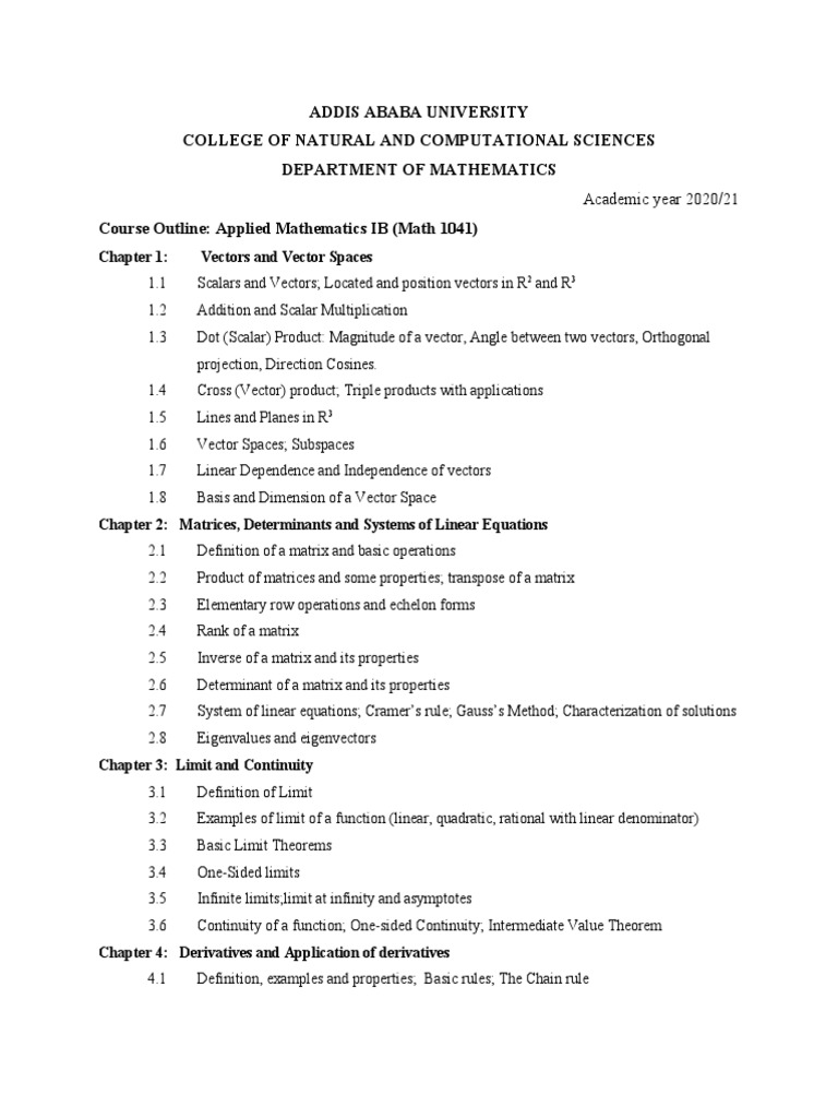 Math 1041 Course Outline Overview | PDF | Vector Space | Matrix ...
