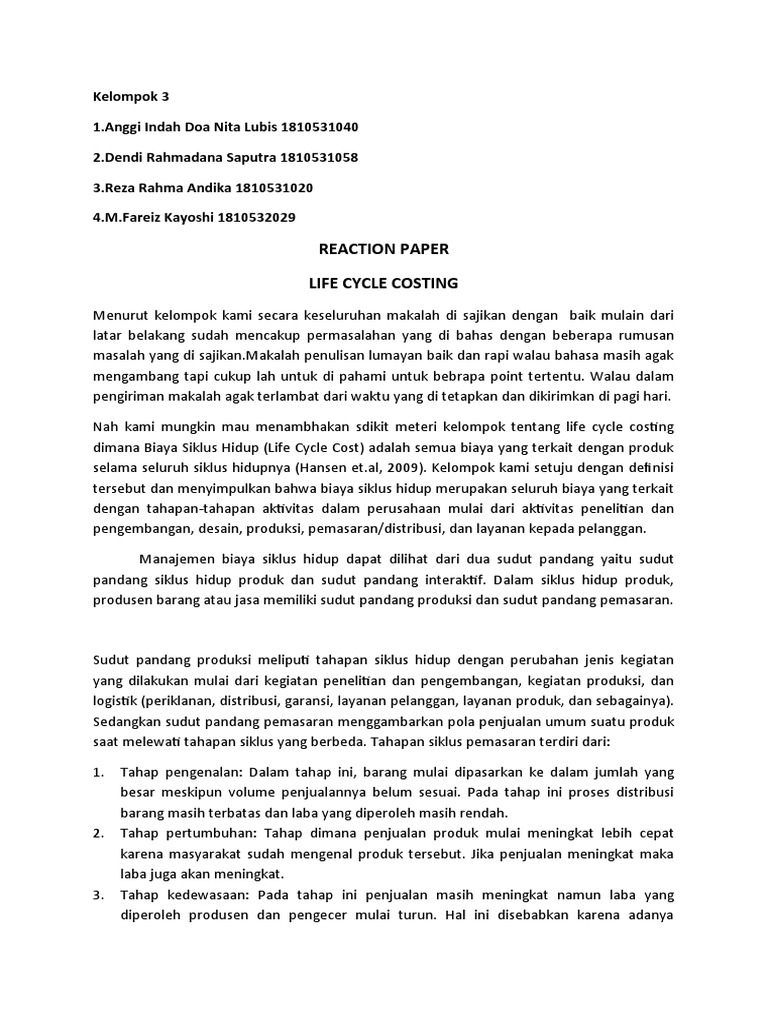 Kelompok 3 REACTION PAPER Life Cycle Costing | PDF