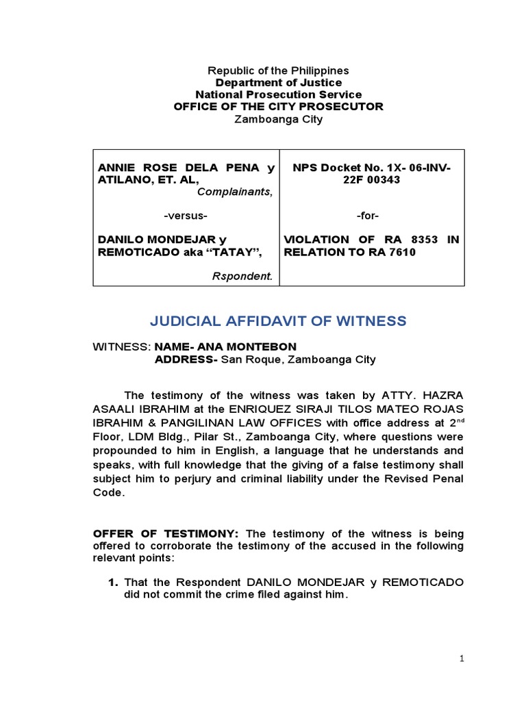 Judicial Affidavit of Witness ANA MONTEBON | PDF | Affidavit | Perjury