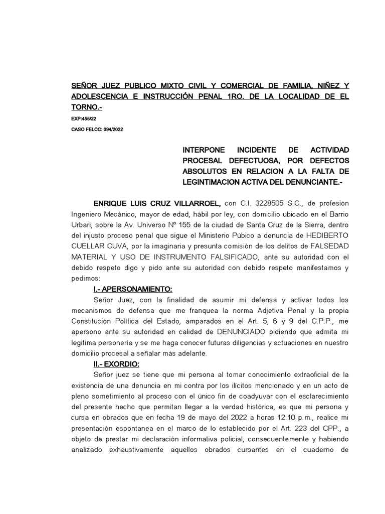 Memorial De Incidente De Falta De Legitimacion Activa Caso Falsedad