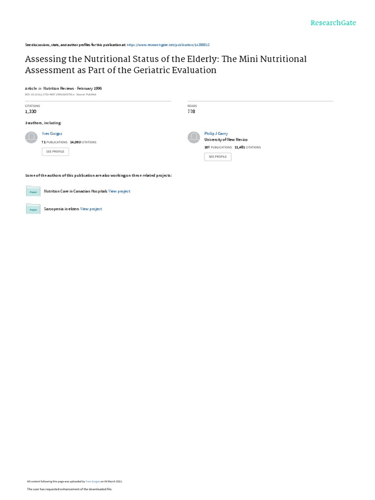 Elderly Nutrition Assessment Guide | PDF | Malnutrition | Geriatrics