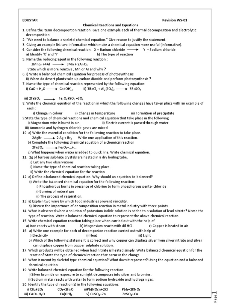 Chem - Rev-WS-01 | PDF | Chemical Reactions | Chlorine