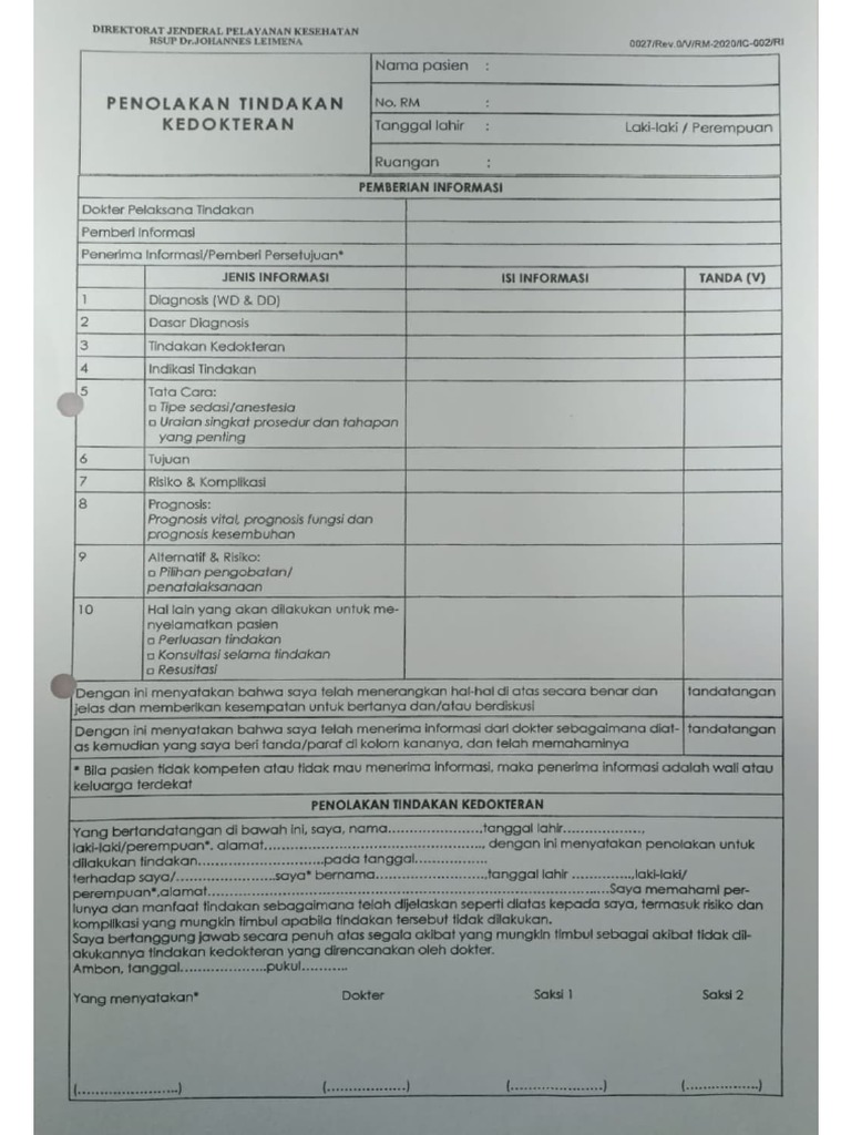 Bukti Form Penolakan Rencana Asuhan Medis (Penolakan Tindakan ...