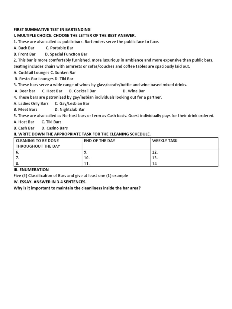 First Summative Test in Bartending | PDF
