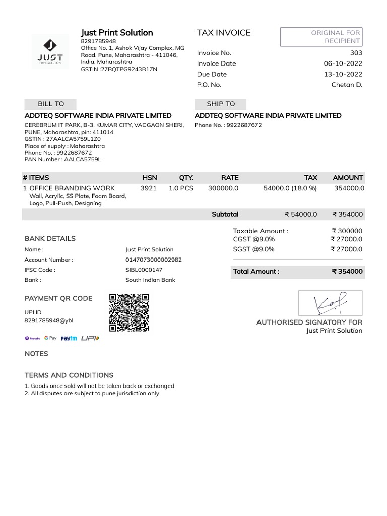 303-Sales - invoice-ADDTEQ SOFTWARE INDIA PRIVATE LIMITED | PDF ...