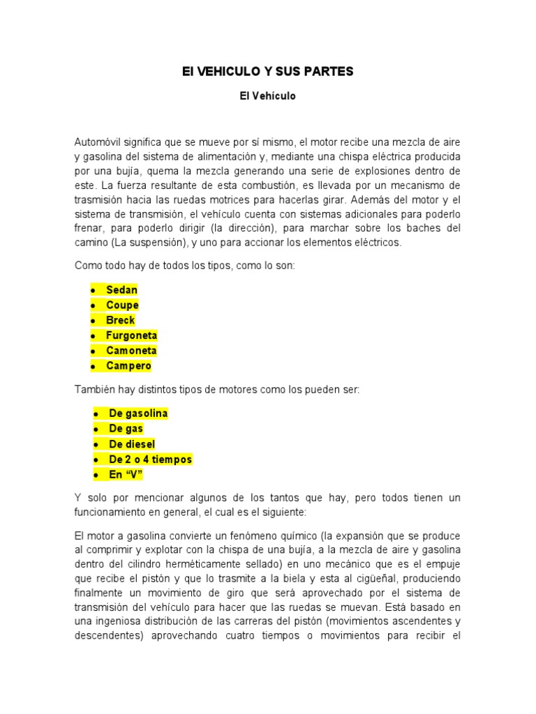 El VEHICULO Y SUS PARTES Resumen Shi | PDF | Motor de combustión ...