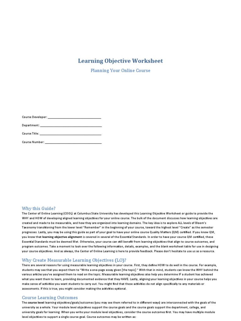 Learning Objective Worksheet Grant2020 Pdf Learning Knowledge