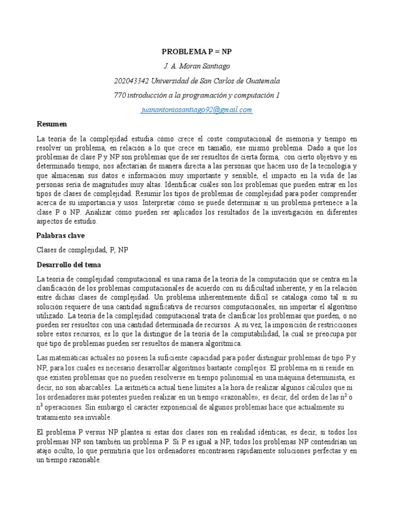 Problema P NP | PDF | Teoría de la complejidad computacional | Matemáticas