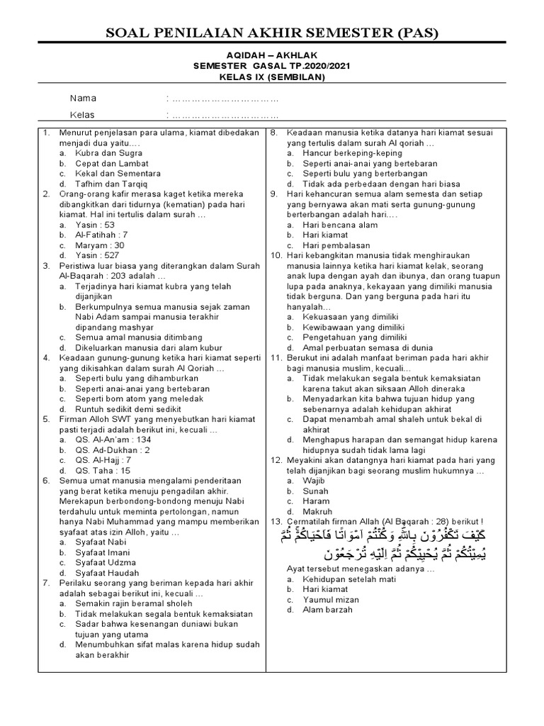 SOAL PENILAIAN AKHIR SEMESTER Kelas 9 AA | PDF