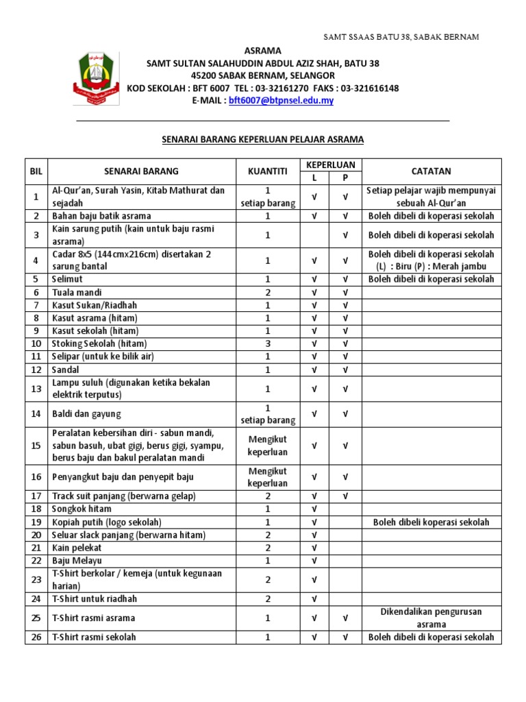 3.barang Keperluan Asrama 2022 | PDF