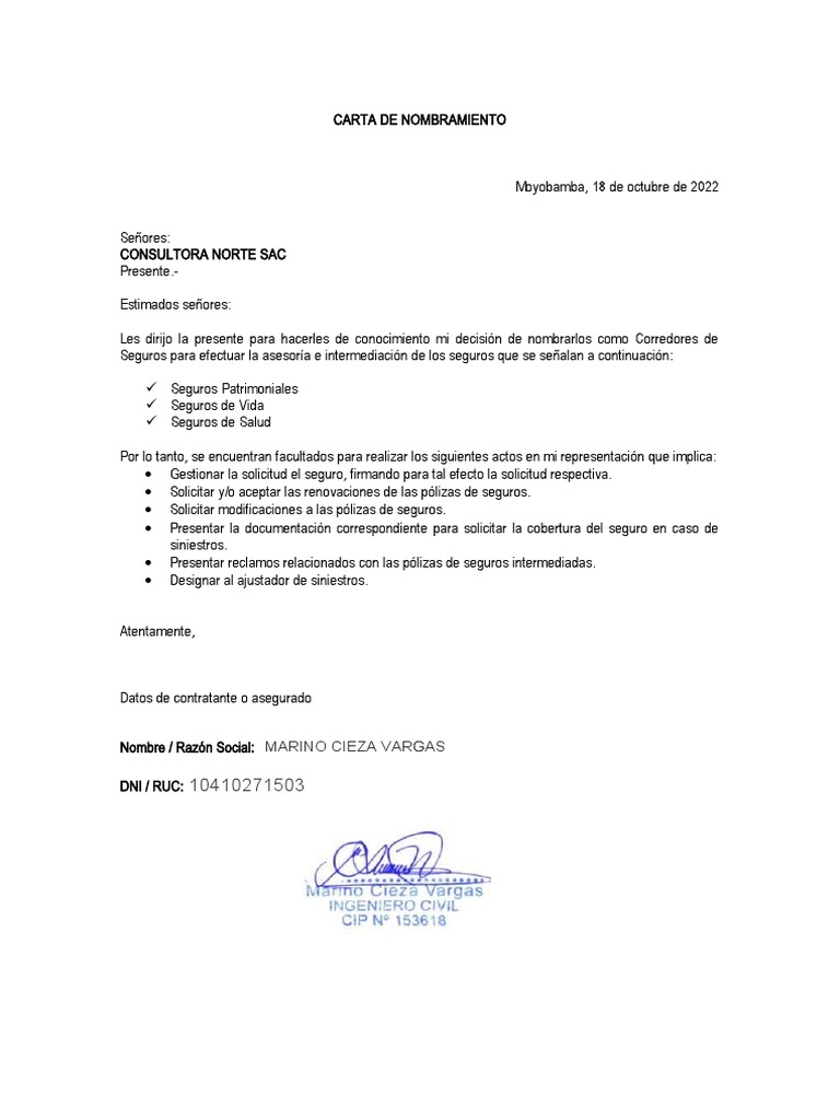 Modelo Carta Nombramiento Agosto 2019 | PDF | Póliza de seguros | Seguro