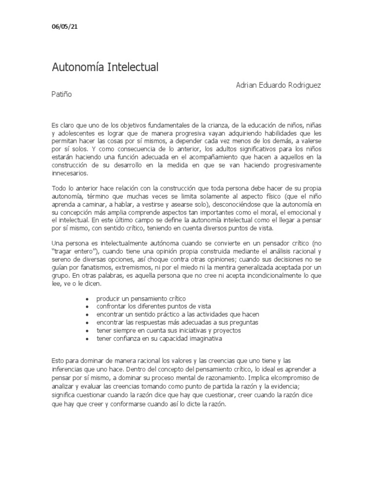 Definición de Autonomía Intelectual | PDF | Pensamiento | Pensamiento ...