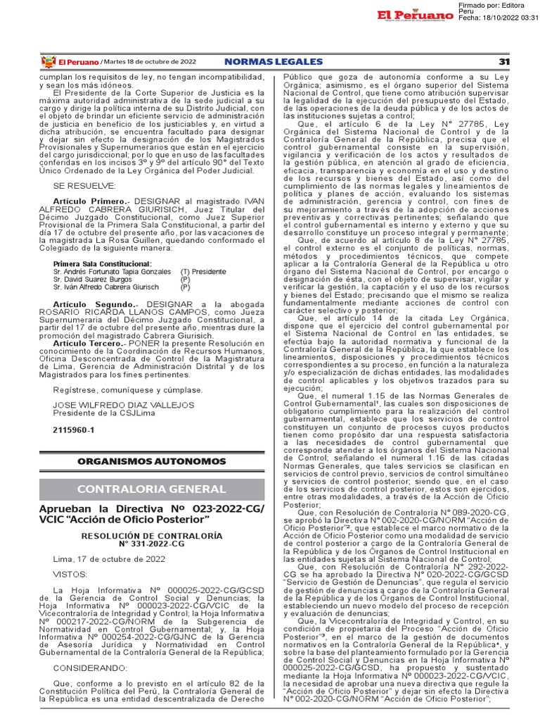 Aprueban La Directiva No 023 2022 Cgvcic Accion de Oficio Resolucion N ... Aprueban La Directiva No 023 2022 Cgvcic Accion de Oficio Resolucion N ...