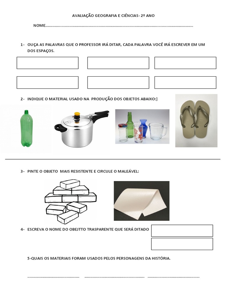 2º Ano-Tipos de Materiais-Avaliação | PDF