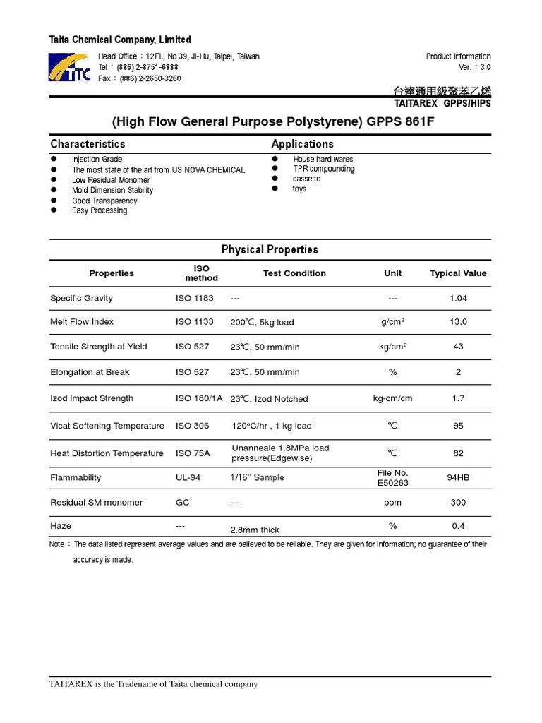 Ficha Tecnica Gpps 861F | PDF | Polystyrene | Materials Science