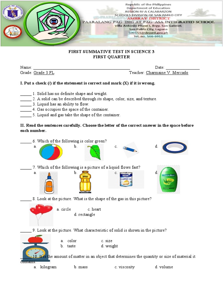 First Summative Test in Science 3 | PDF | Liquids | Shape
