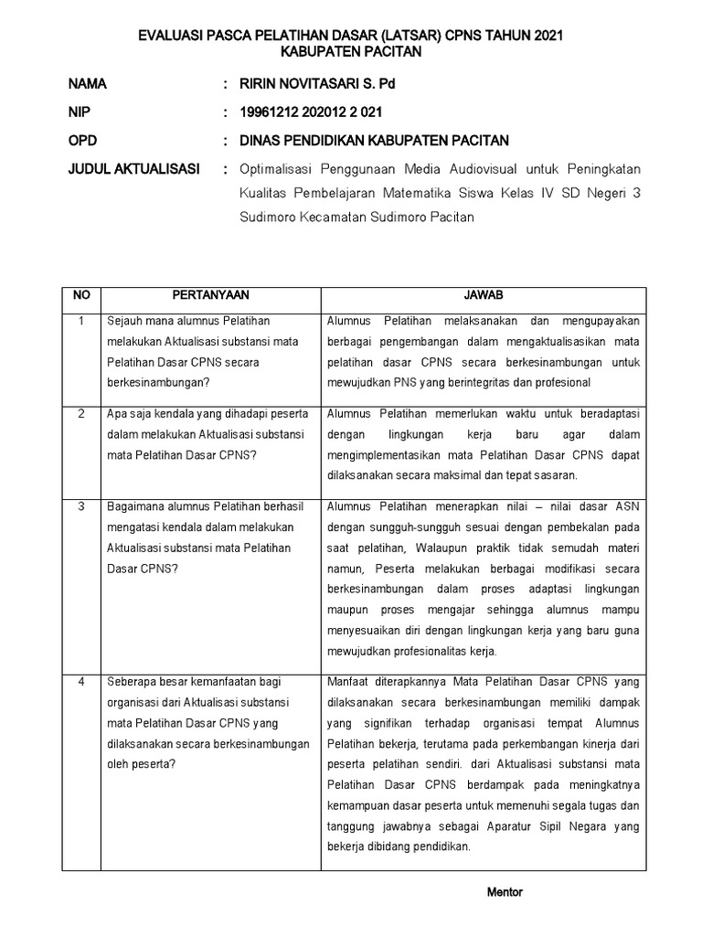 Form Evaluasi Pasca Pelatihan 2021 | PDF Form Evaluasi Pasca Pelatihan 2021 | PDF