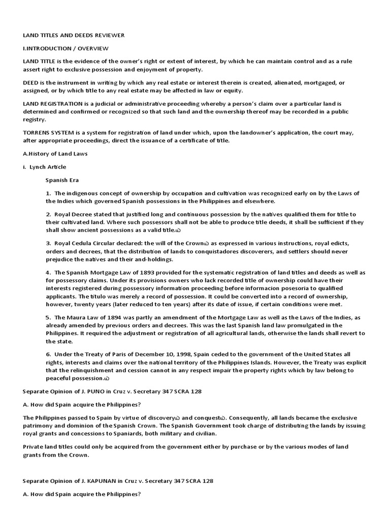 Land Titles and Deeds Reviewer | PDF | Common Law | Property Law