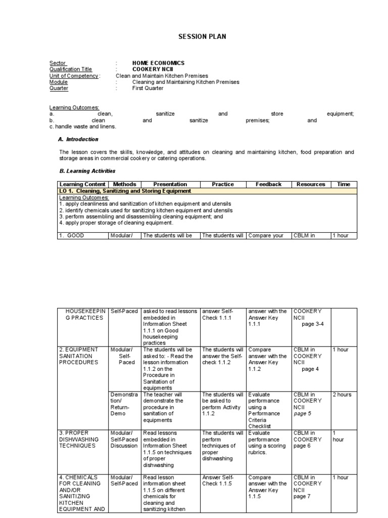 Session Plan (Clean and Maintain Kitchen Premises) | PDF | Test ...