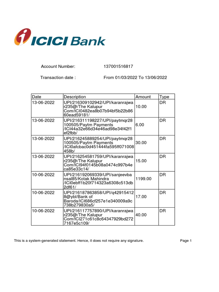 Icici Statement - 1655098848930 | PDF | Banks | Services (Economics)