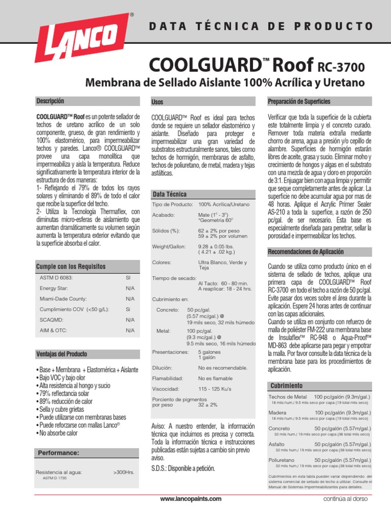 TDS Coolguard Roof Sealer CR RC3700 SP | PDF | Hormigón | Poliuretano