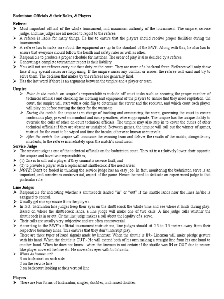 Badminton Officials and Their Roles | PDF | Referee | Sports