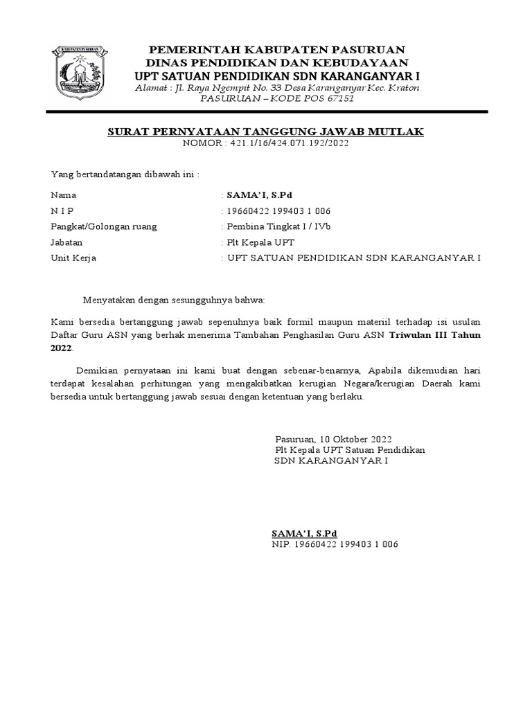 Surat Pernyataan Mutlak Tamsil | PDF