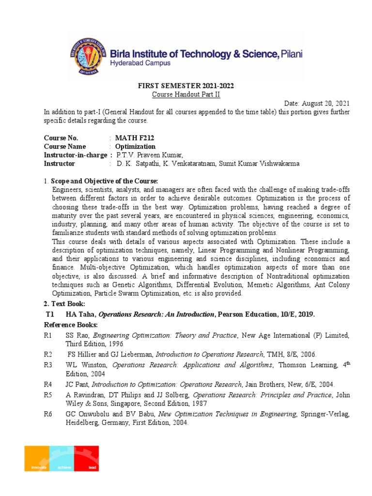 Math F212 Opti | PDF | Mathematical Optimization | Nonlinear Programming