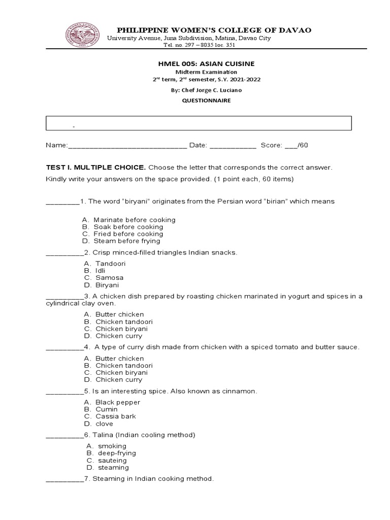 Asian Cusine Midterm Exam | PDF | Indian Cuisine | Curry