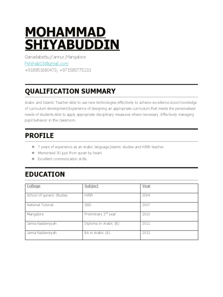 Resume For Arabic Teacher | PDF | Teachers | Curriculum