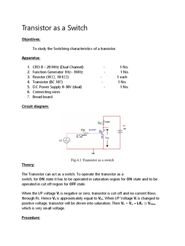 Transistor as a Switch Experiment Guide | PDF