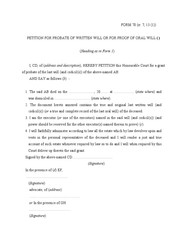 Form 78-Petition For Probate of Written Will or For Proof of Oral Will ...