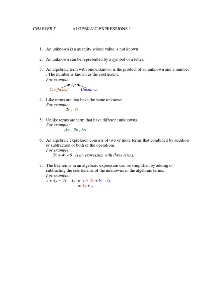 Chapter 7 Algebraic Expressions 1. | PDF | Numbers | Abstract Algebra